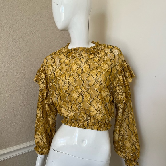 Zara | Tops | Zara New Mustard Yellow Gold Sheer Lace High Neck Cropped ...